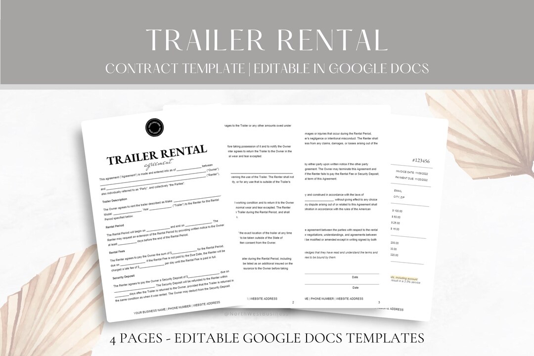 Editable Trailer Rental Agreement Template, Trailer Rental Contract ...