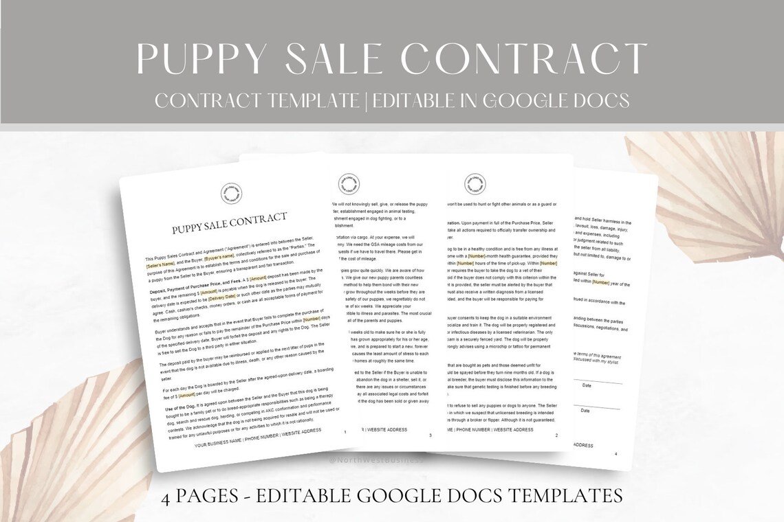 Editable Puppy Sale Contract Template, Puppy Adoption Agreement, Dog ...