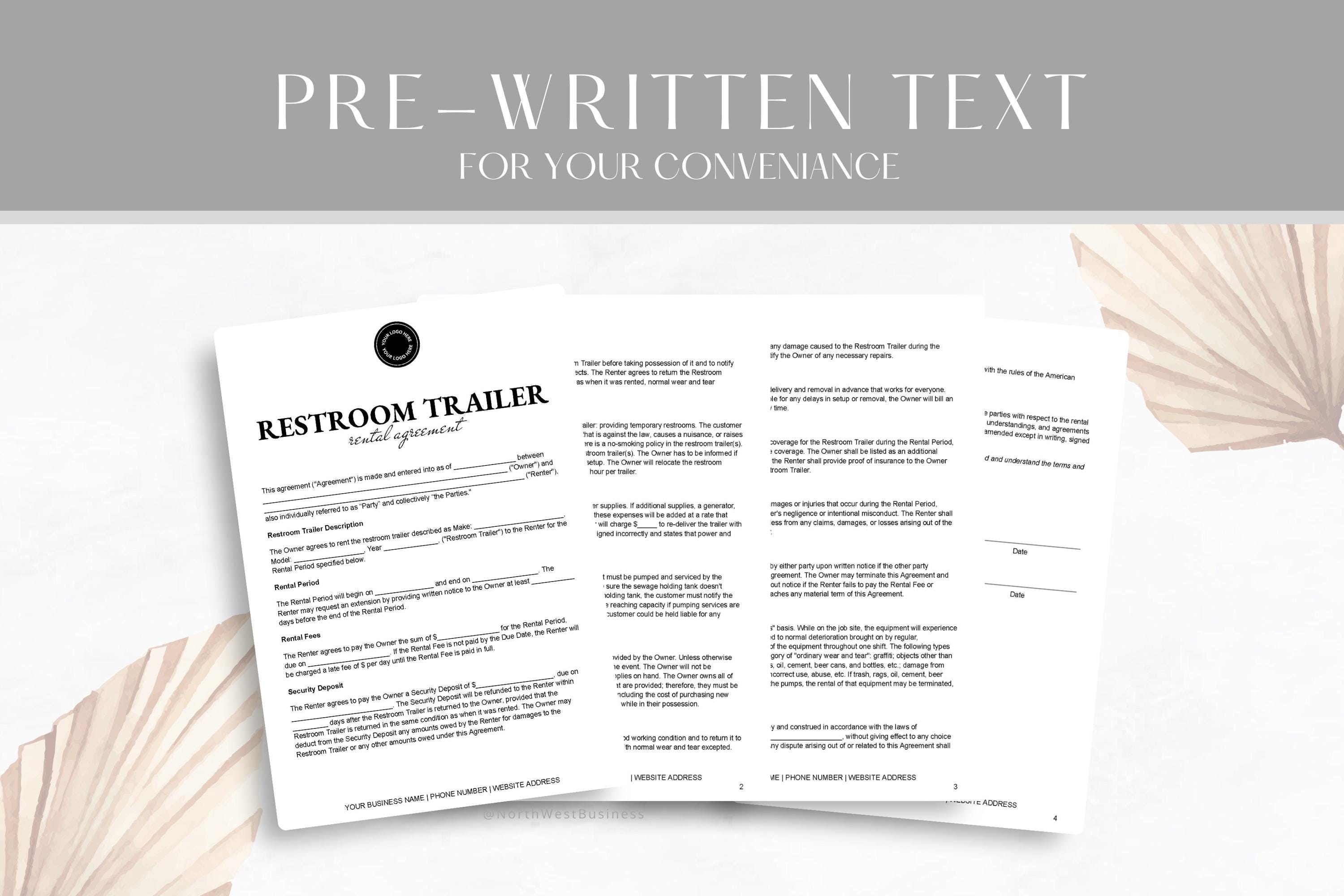 Editable Restroom Trailer Rental Agreement Template, Portable Toilet ...