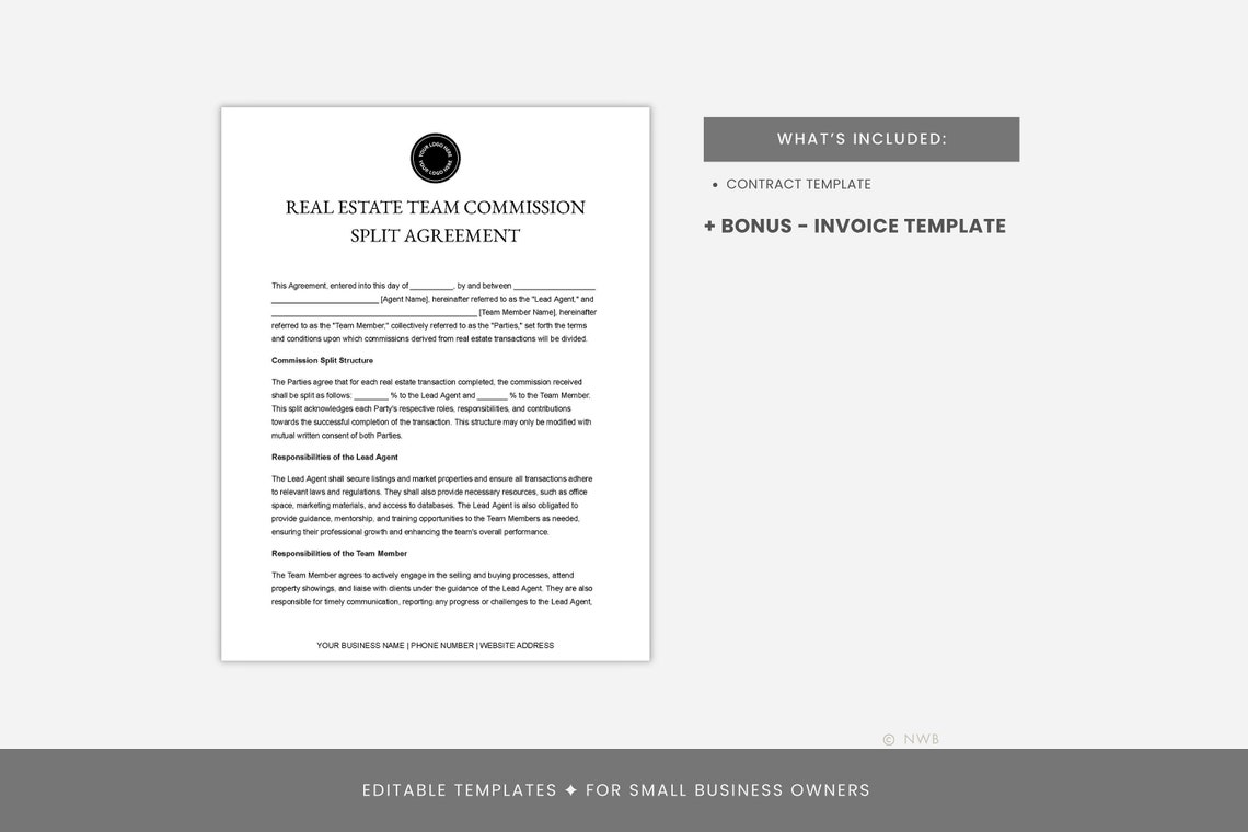 Editable Real Estate Team Commission Split Agreement Template, Realtor ...