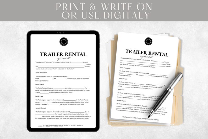Editable Trailer Rental Agreement Template, Trailer Rental Contract ...