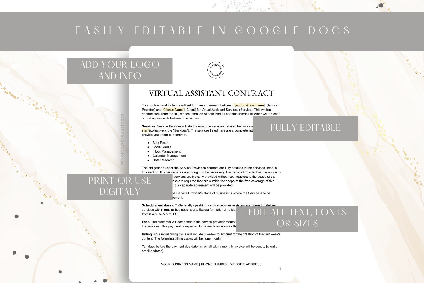Editable Virtual Assistant Contract Template, Including Intake Form ...