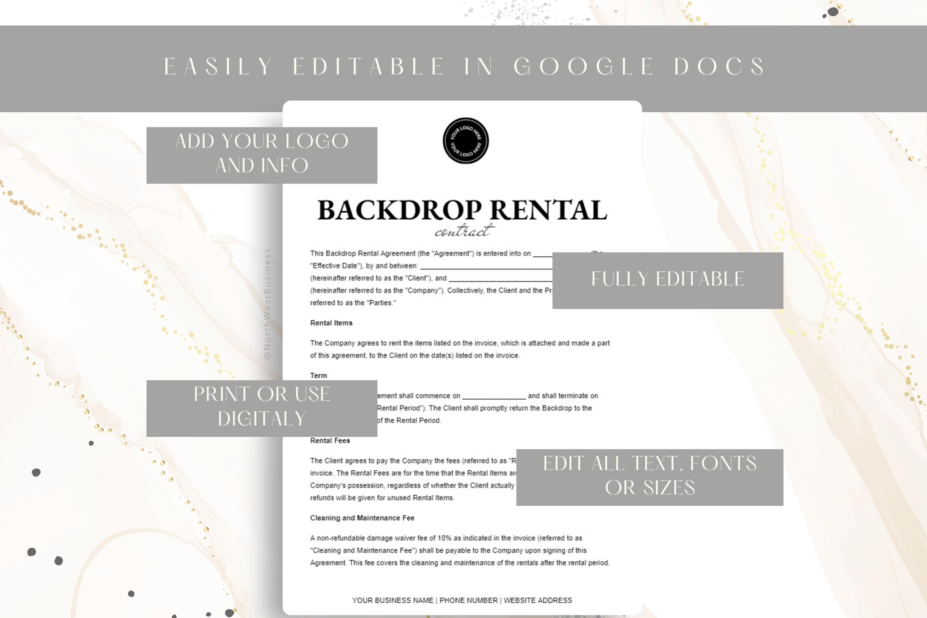 Editable Backdrop Rental Agreement, Party Equipment Rental Contract ...