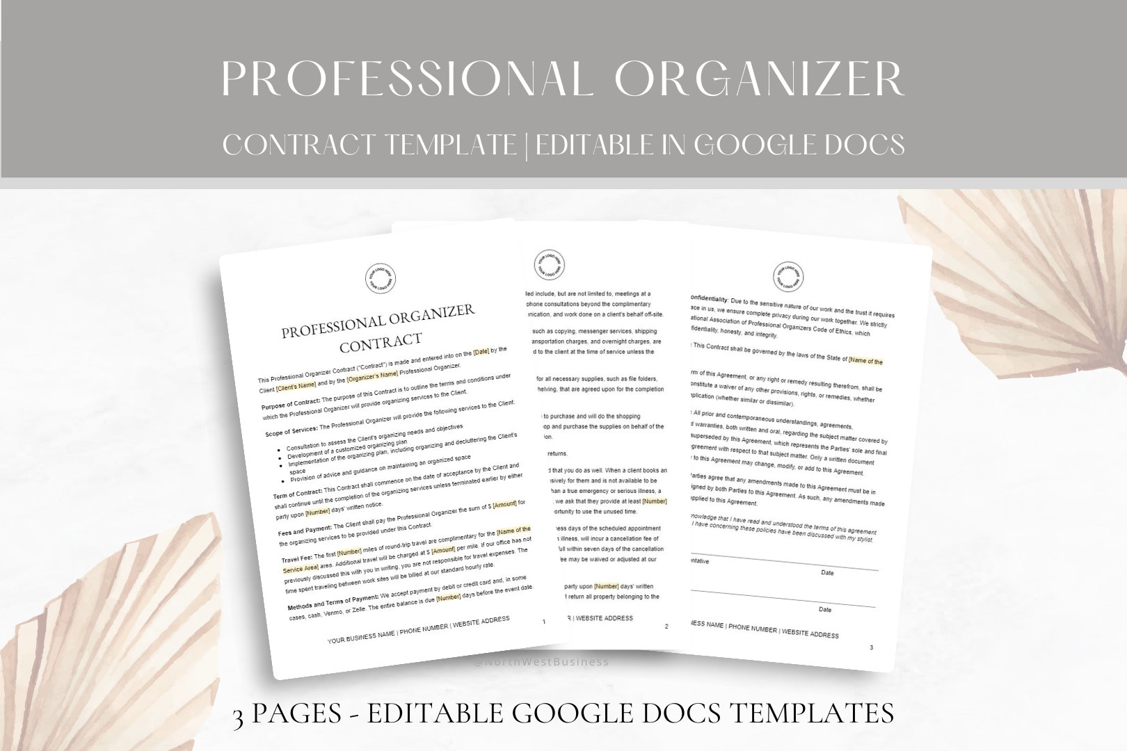 Editable Professional Organizer Contract Template, Organizing Service ...