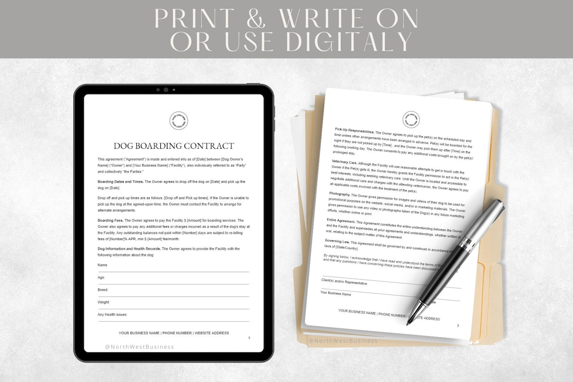 Editable Dog Boarding Contract Template, Dog Kennel Service Agreement ...