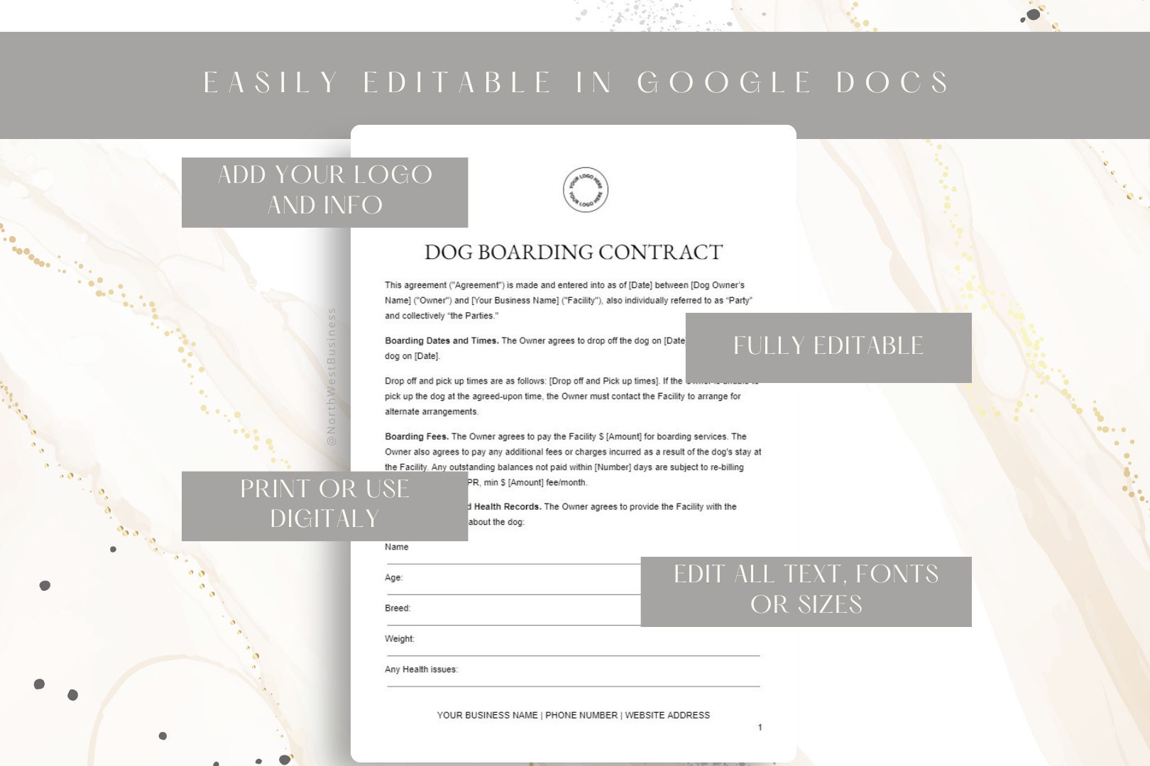 Editable Dog Boarding Contract Template, Dog Kennel Service Agreement ...