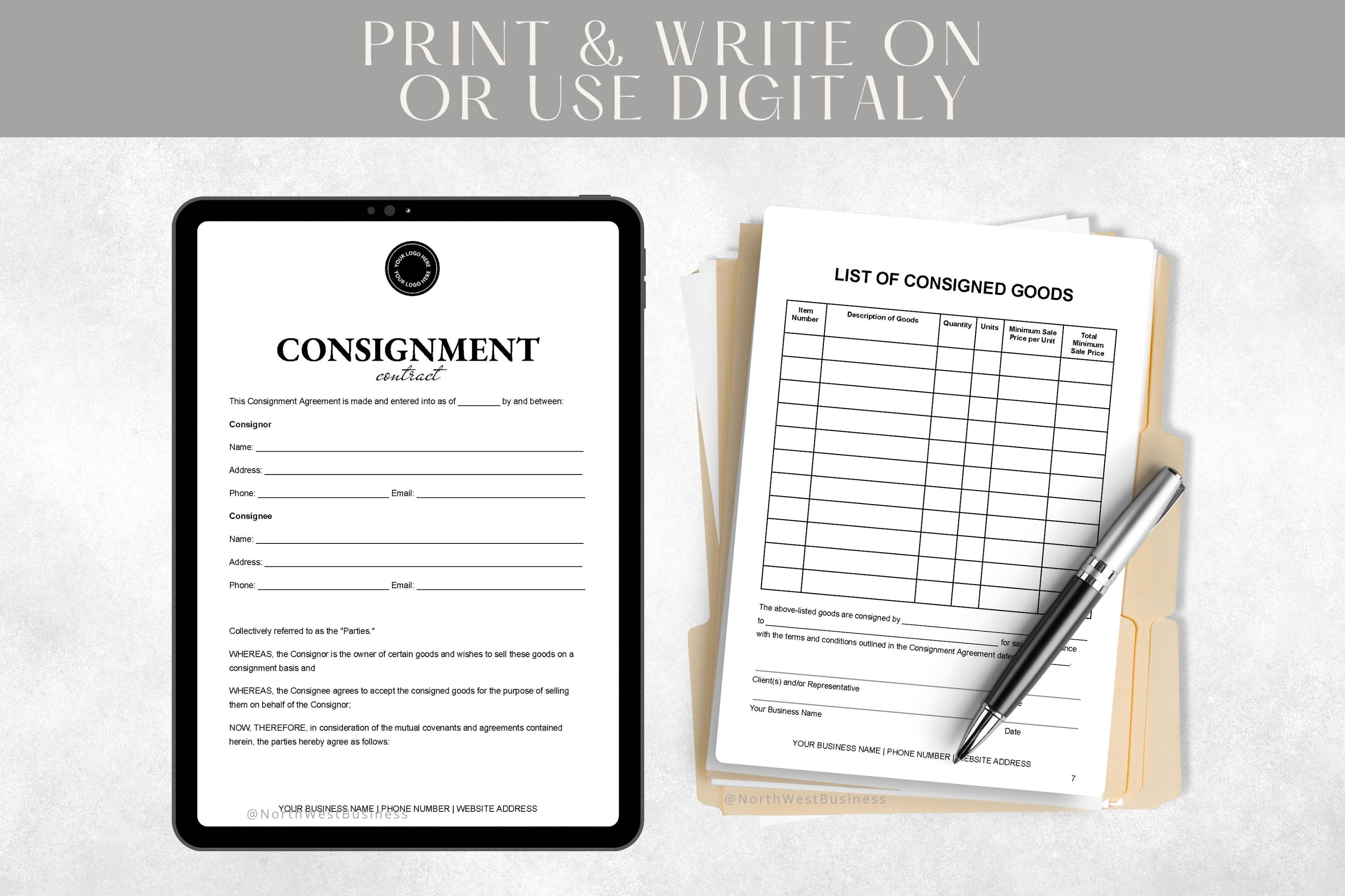 Editable Consignment Contract Template, Product Consignment Agreement ...