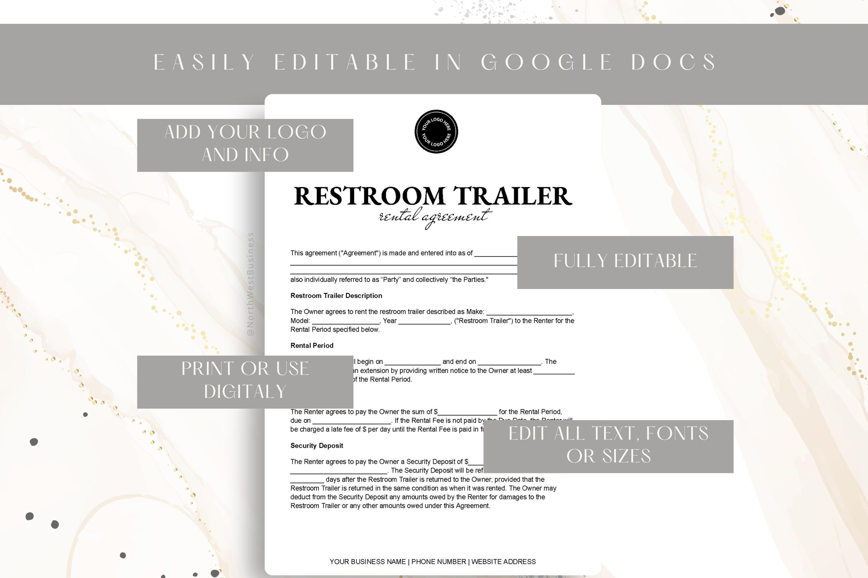 Editable Restroom Trailer Rental Agreement Template, Portable Toilet ...