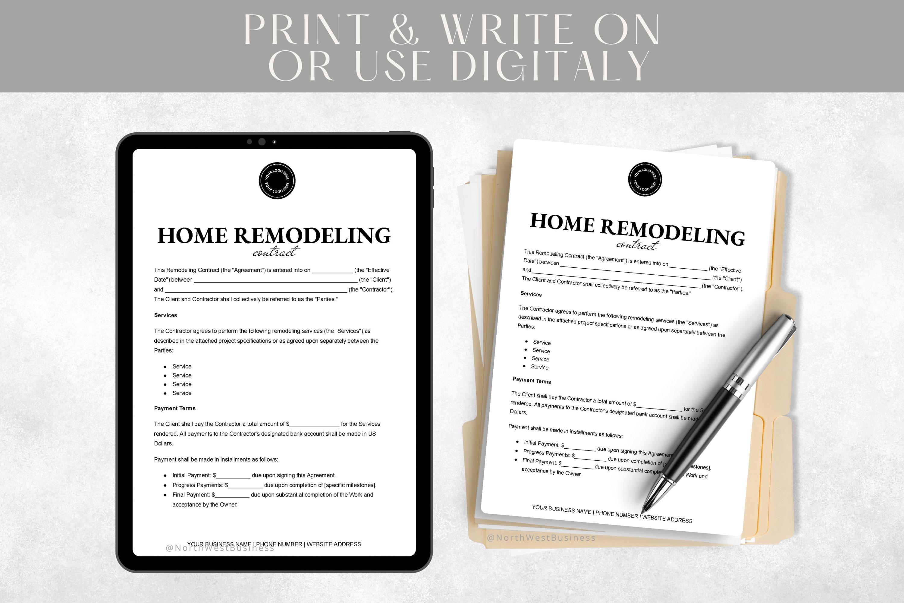 Editable Home Remodeling Contract Template, Professional House ...