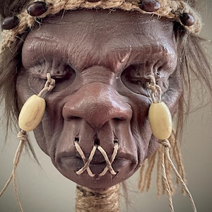 Elder Shrunken Head Dark Brown Tiki Headhunter Tsantsa Tribal Artifact ...