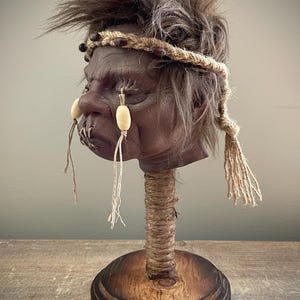 Elder Shrunken Head Dark Brown Tiki Headhunter Tsantsa Tribal Artifact ...