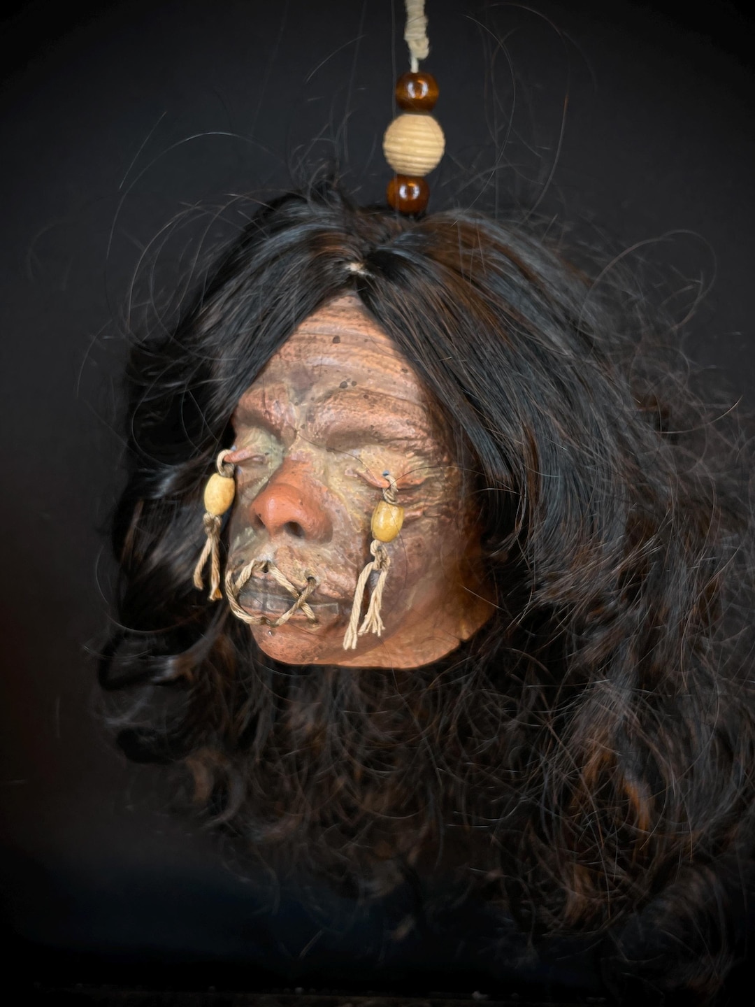 Medium Hair Maiden Shrunken Head Tiki Headhunter Tsantsa Tribal Artifact Display Hanging With ...