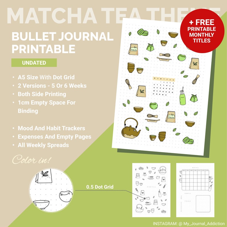 Undated Bullet Point Journal Printable Matcha Tea Theme - Etsy