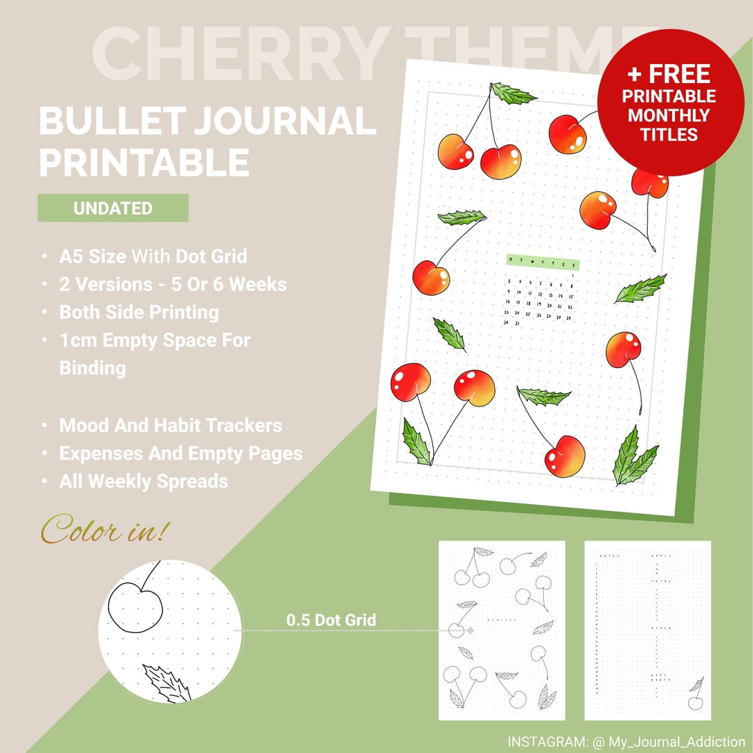 Undated Bullet Point Journal Printable | Cherry Theme | Dotted A5 ...