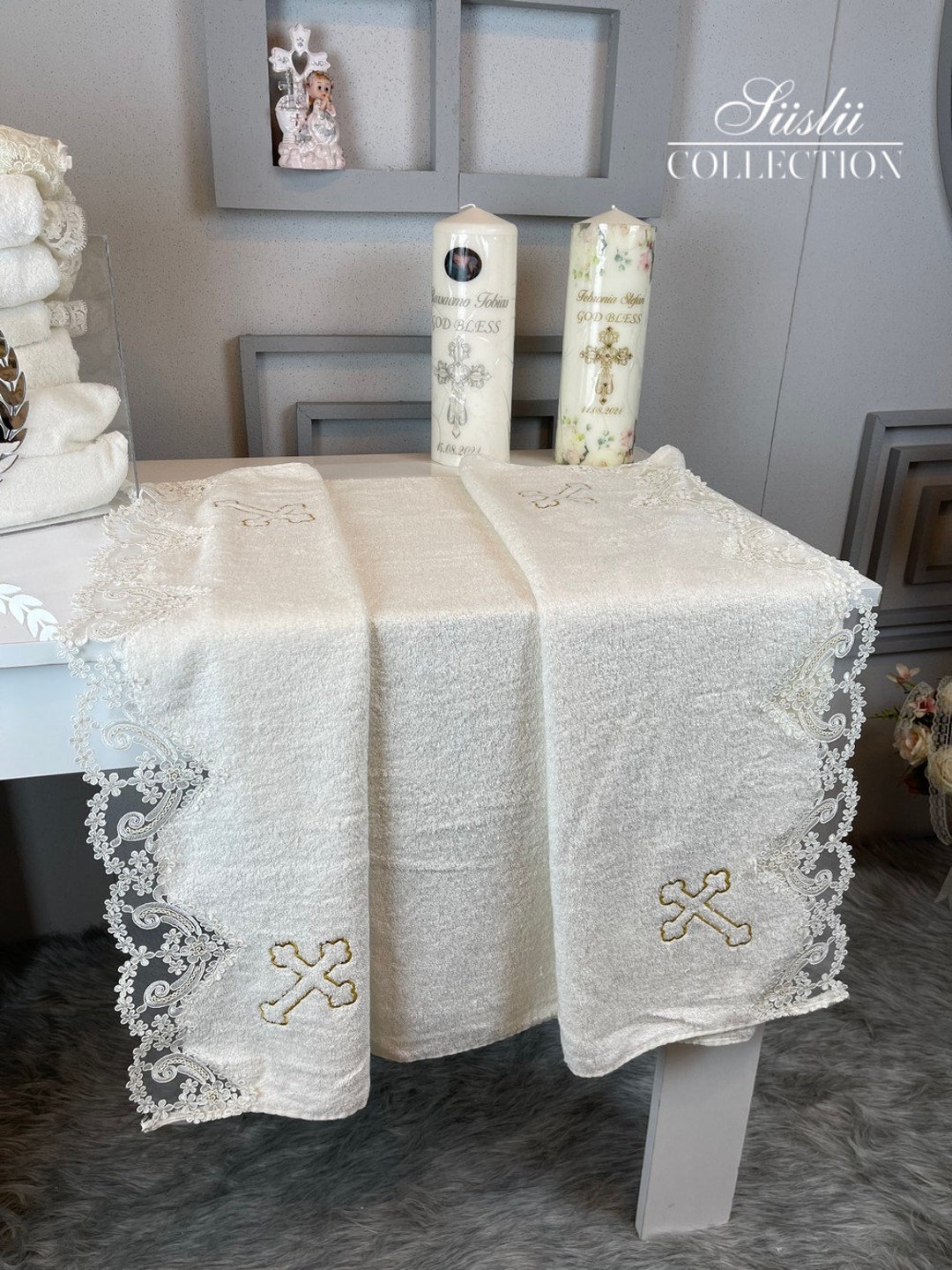 Lace Edge Embroidered Golden Cross Motif Detail - Baptism Towel ...