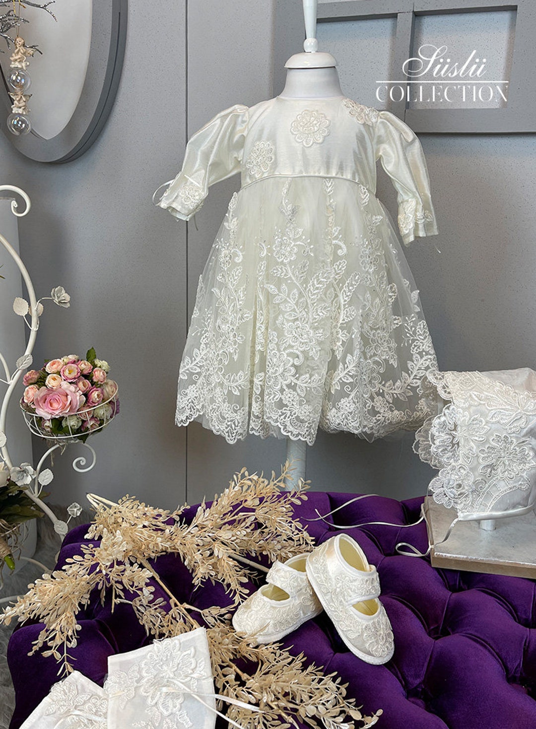 Flower Motif Girl Baptism Dress Baby Girl Christening Gown SCENK10066 ...