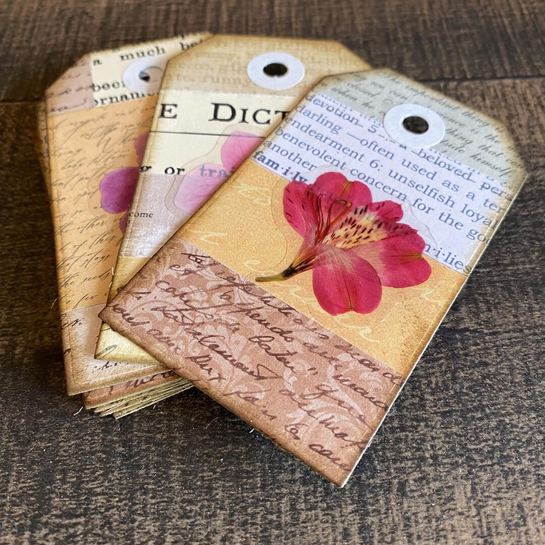 Set of 15 Collaged Floral Script Writing Tags Junk Journals Gift Tags ...