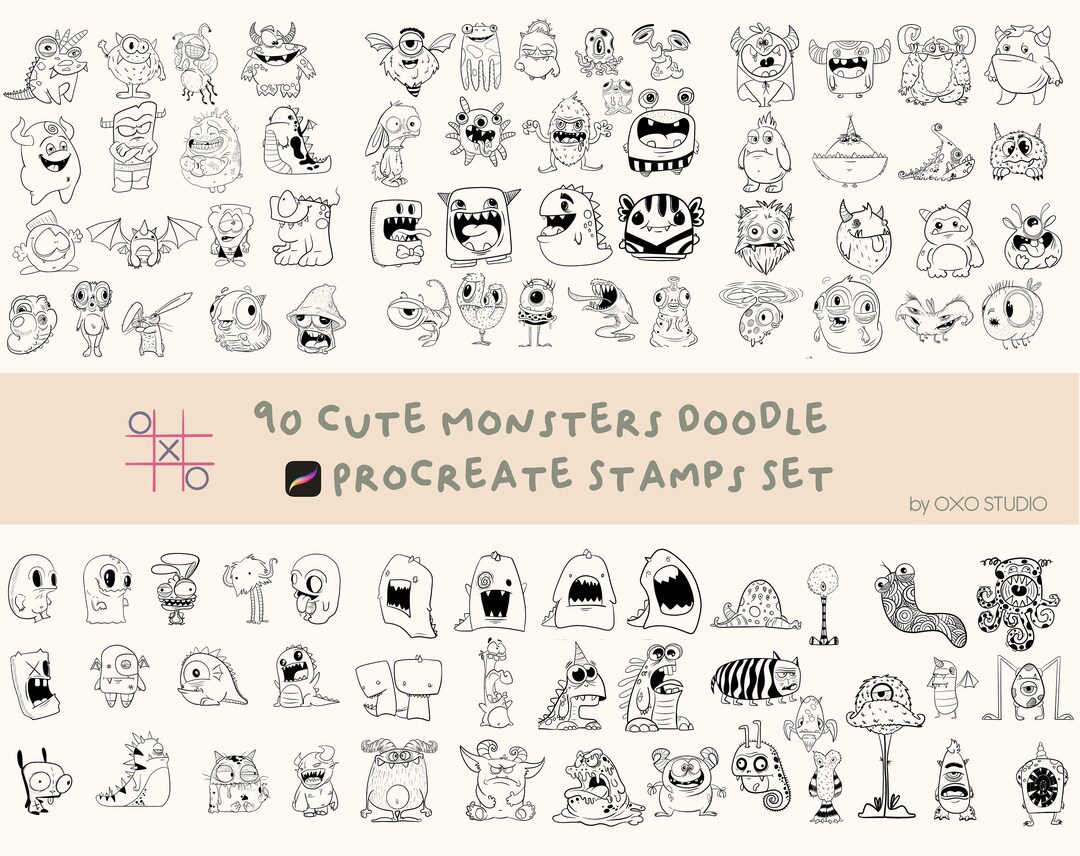 90 Cute Monsters Procreate Stamps, Dinasours, Aliens, Space Animals ...