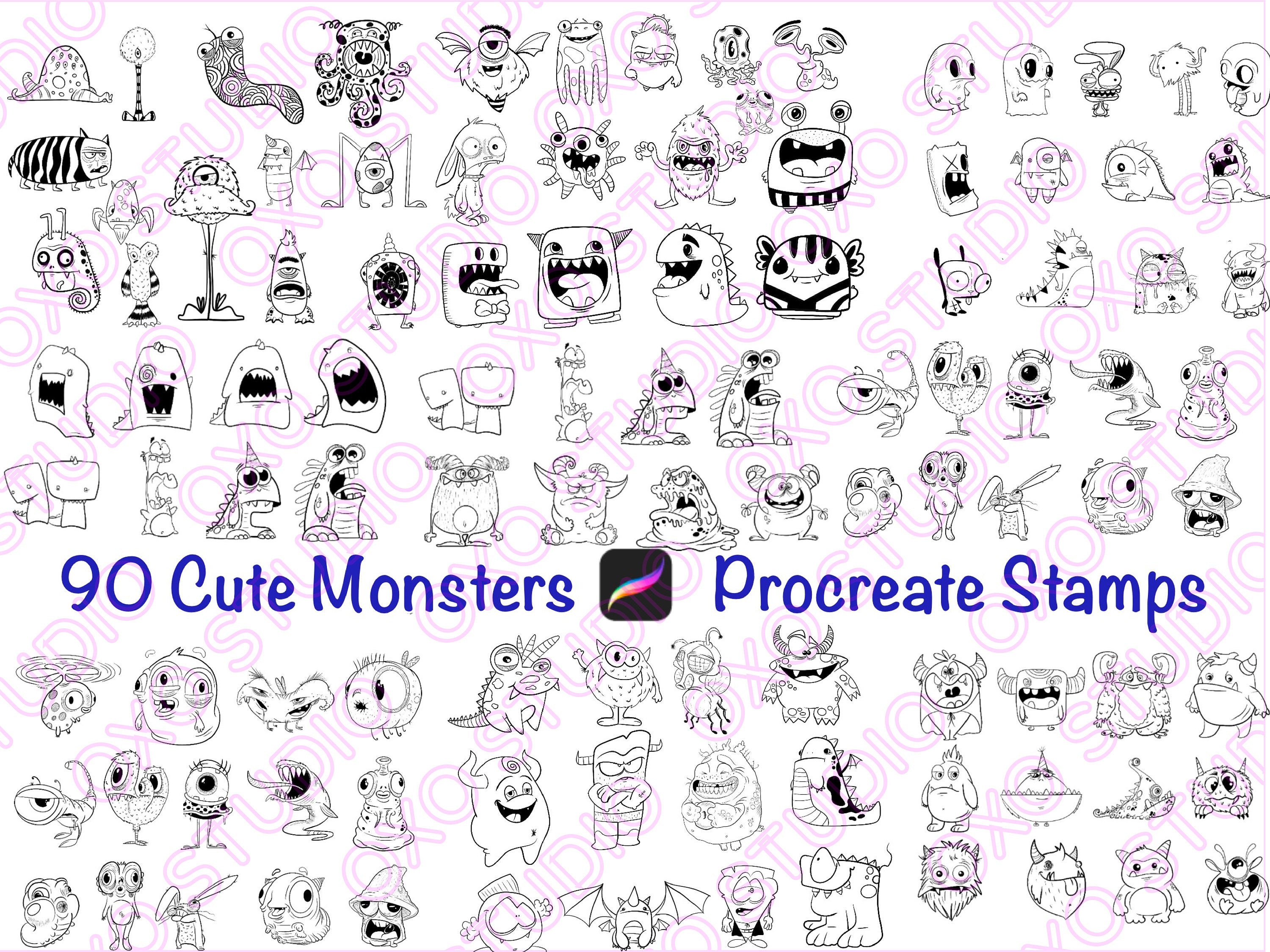 90 Cute Monsters Procreate Stamps Dinasours Aliens Space - Etsy