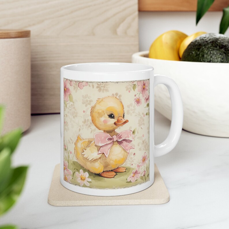 Baby Duck With Pink Bow Around Neck W/ Spring Flowers. Great Gift for ...