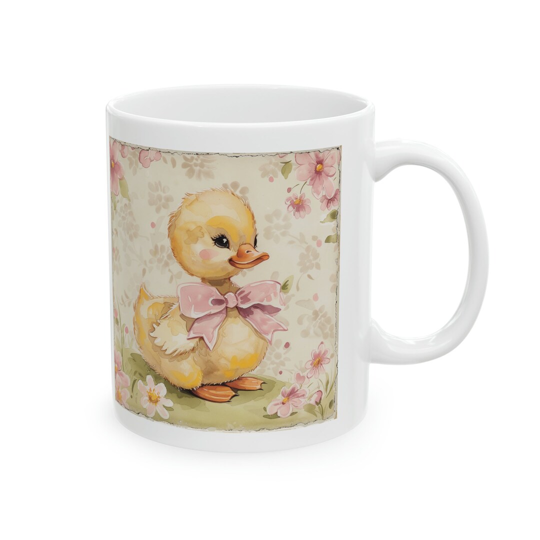 Baby Duck With Pink Bow Around Neck W/ Spring Flowers. Great Gift for ...