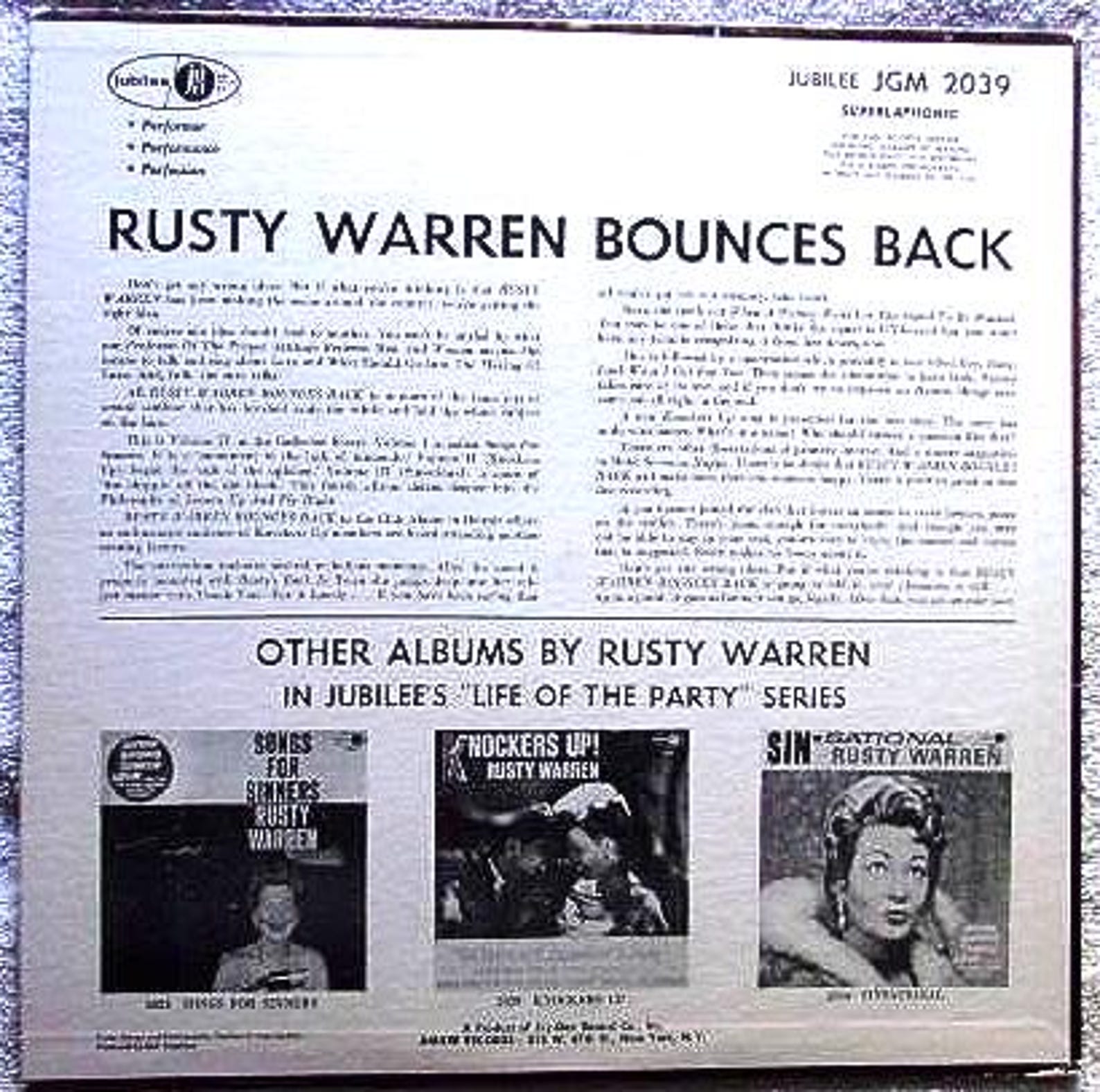 Rusty Warren - Bounces Back 1961 on Jubilee JGM 2059 - Etsy