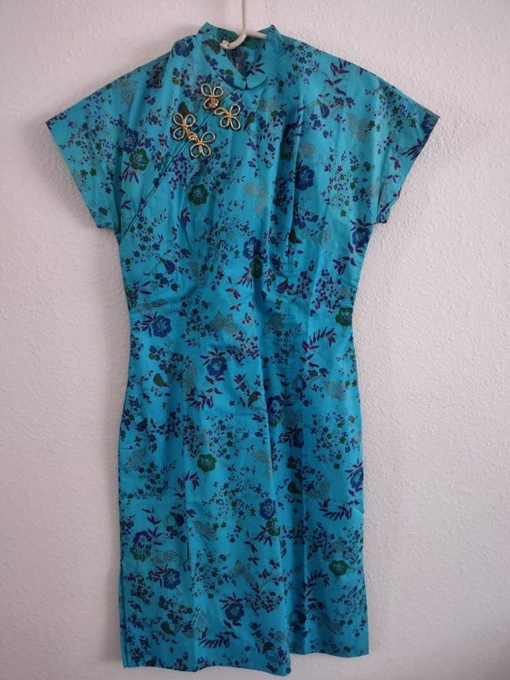 1950s Teal Asian Mid Century Diamond Print Rayon Robe… - Gem