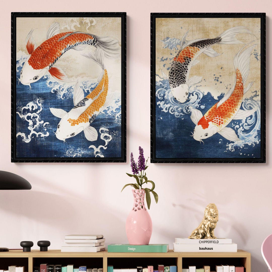 Hokusai Ukiyo-e Japanese Style Koi Fish Woodblock Wall Art Twin Print ...