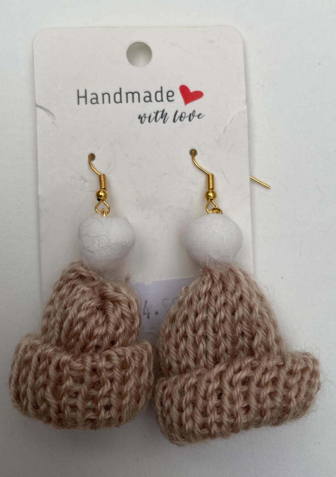 Light Brown/biscuit Woolly Hat With White Bobble Earrings - Etsy