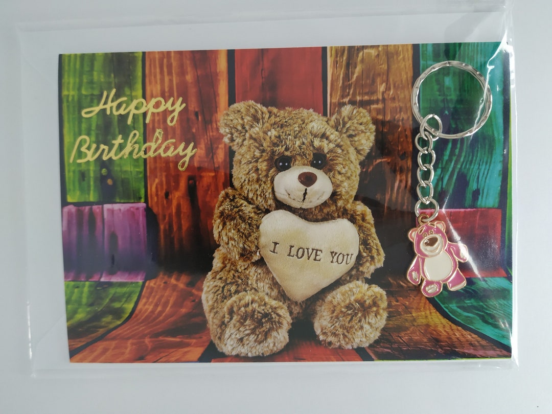 Teddy Bear Happy Birthday Card Witha Pink Teddy Keyring Handmade - Etsy