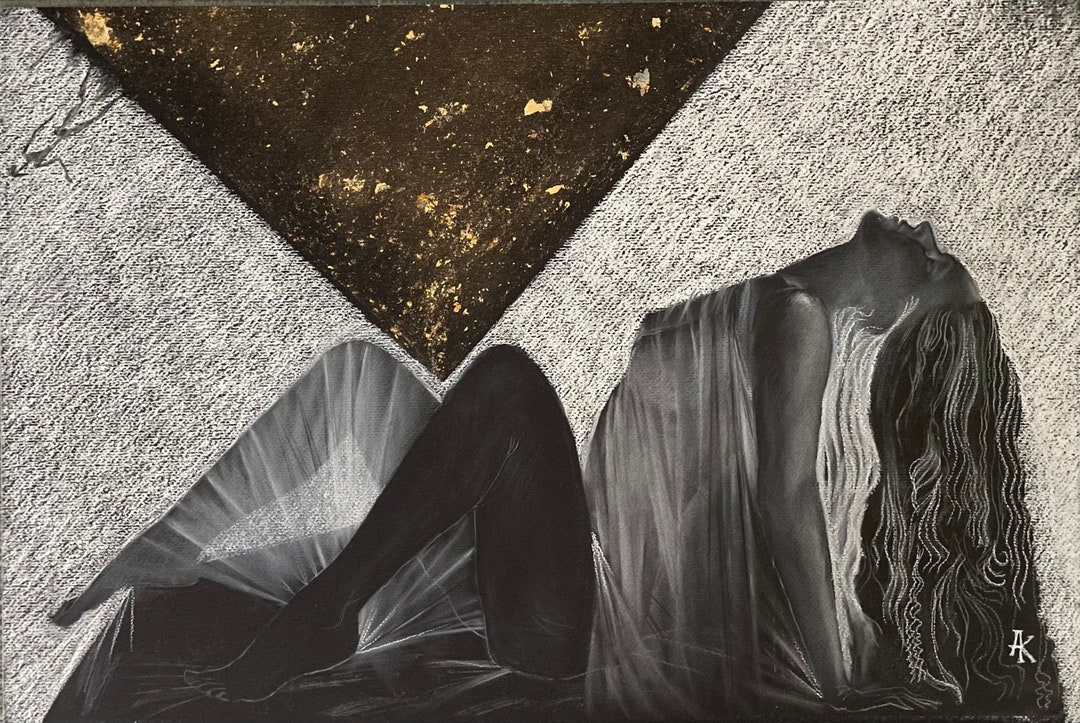 Authentic Pastel Drawing/ Danae/ Signed Drawing/ Gold Foil Painting ...