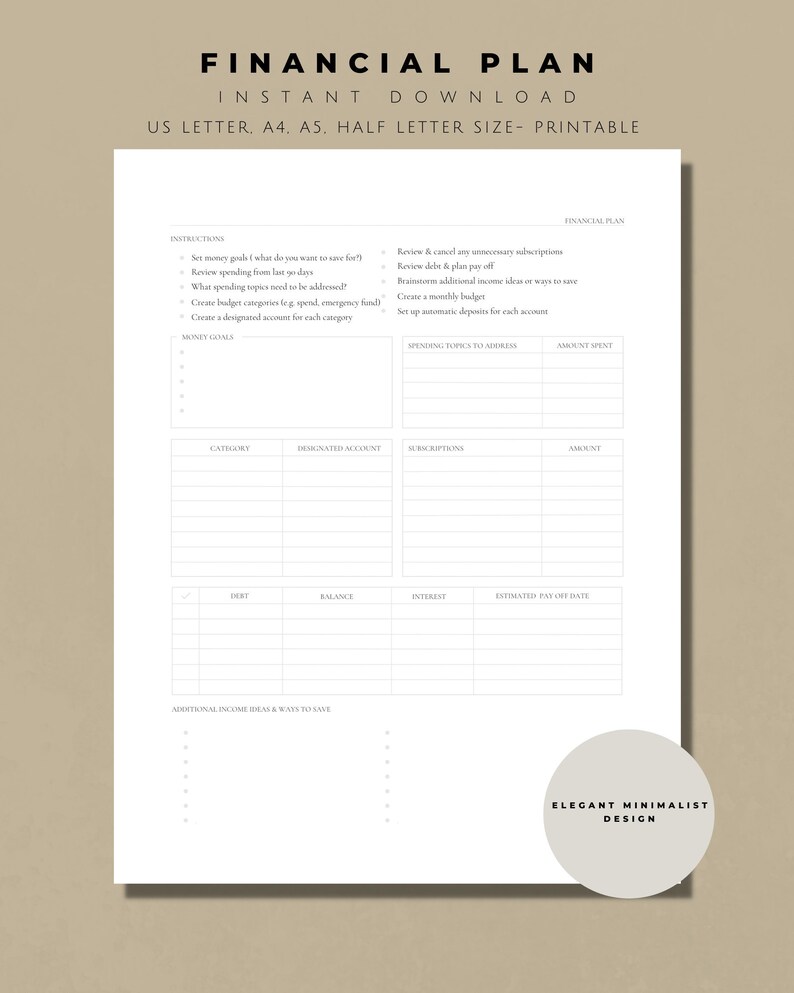 Financial Plan PDF Download Financial Planning Template - Etsy