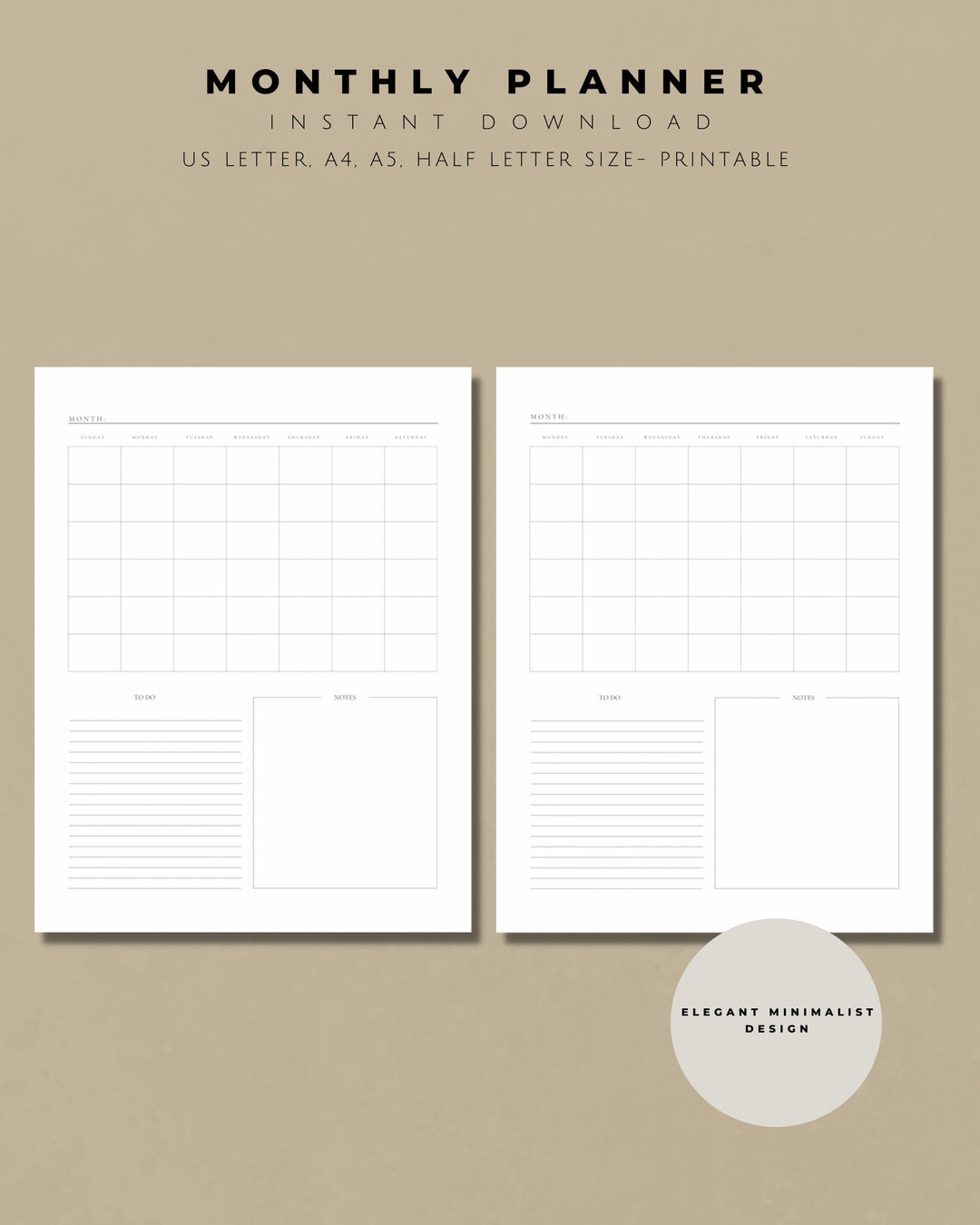 Monthly Planner PDF Printable Minimalist Monthly Calendar Monthly ...