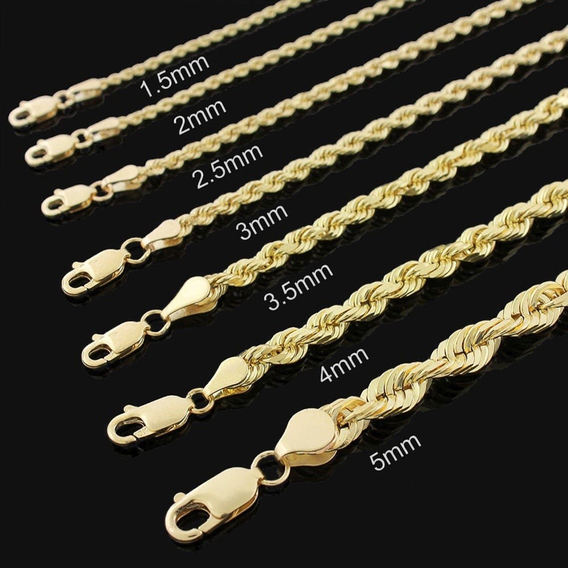 10KT Real Gold 2mm-6mm Diamond Cut Rope Chain Necklace 1630 - Etsy