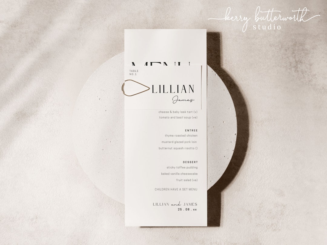 Lillian Menu & Name Place Card Menu Card Selection Name Tag Wedding ...