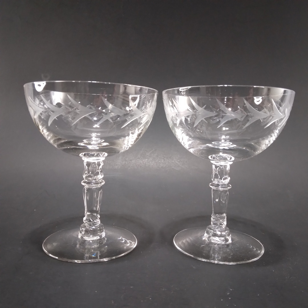 Antique Fostoria Glass Holly Clear Pattern Champagne / Low Sherbet Glasses, 4.25" Vintage Laurel ...