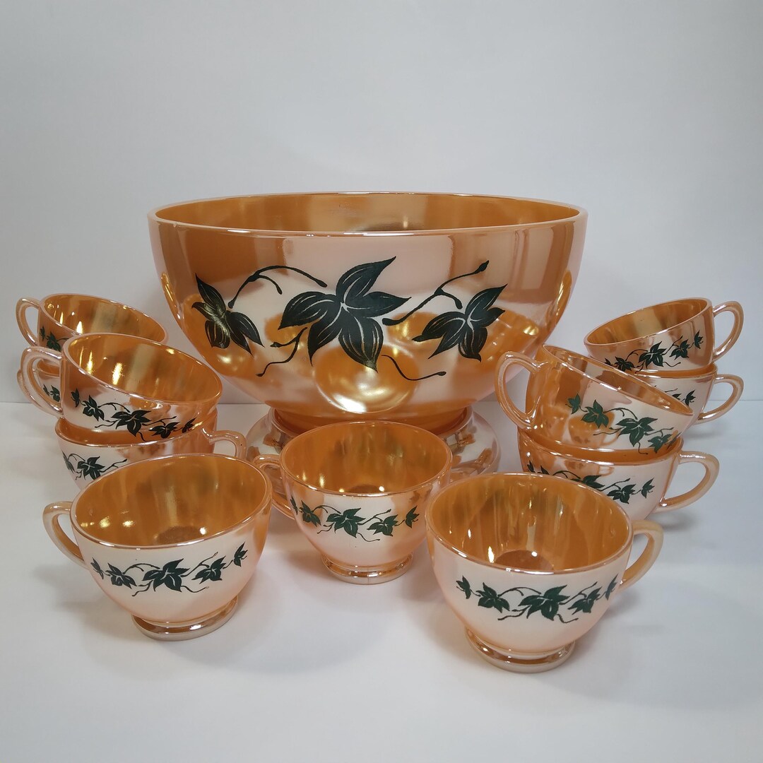 Anchor Hocking Fire King Peach Lusterware Ivy Leaf 13 Pc Punch Bowl Set, Vintage 1950s MCM ...