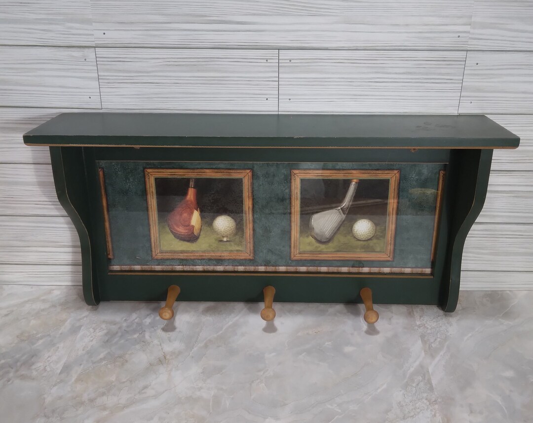 Vintage Rustic Wooden & Glass Window Pane Shelf W/three Key Hanger Pegs ...