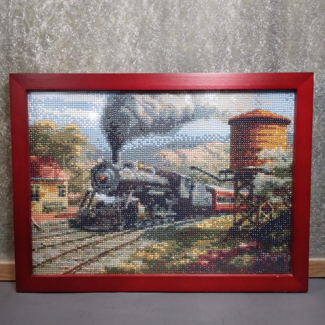 Hand Made Steam Engine Train Bead Art in Red Wood Frame 15.25" X 11.25 ...