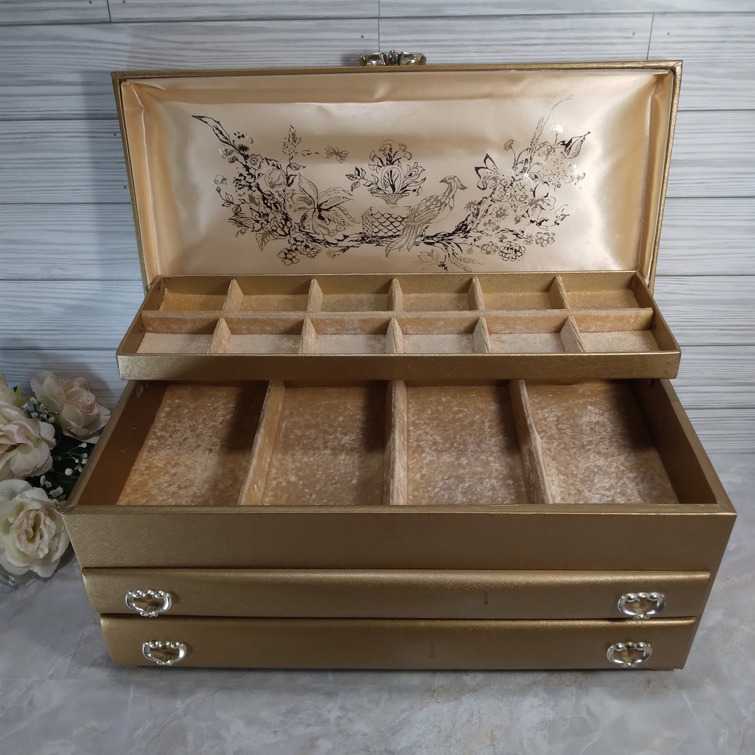 Vintage Lady Buxton Padded Gold Tone 3 Tiered Jewelry Box With Beige ...