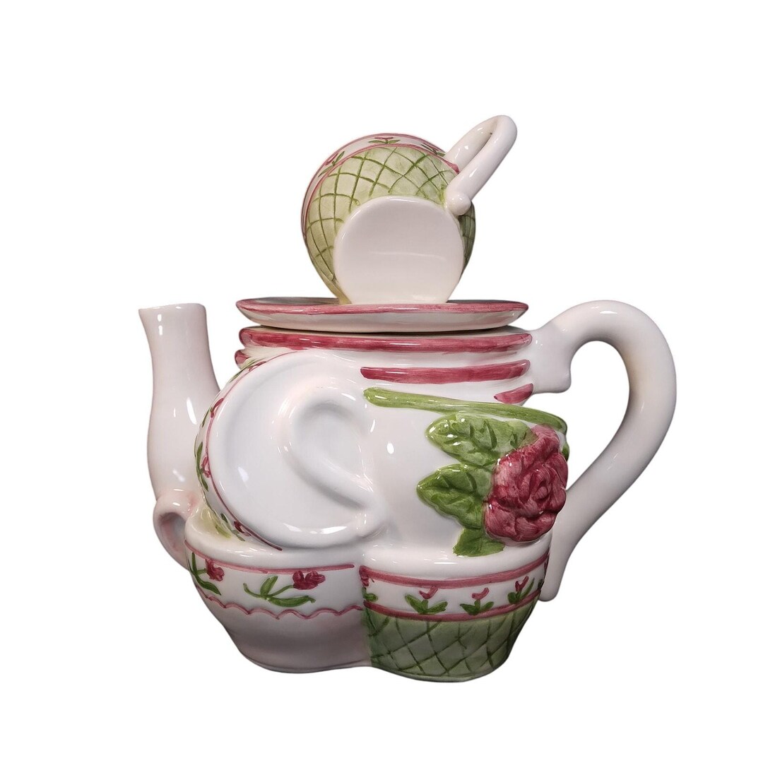 Cute Ceramic Teapot With Teacup Lid, Spring Green Pink Floral, Vintage ...