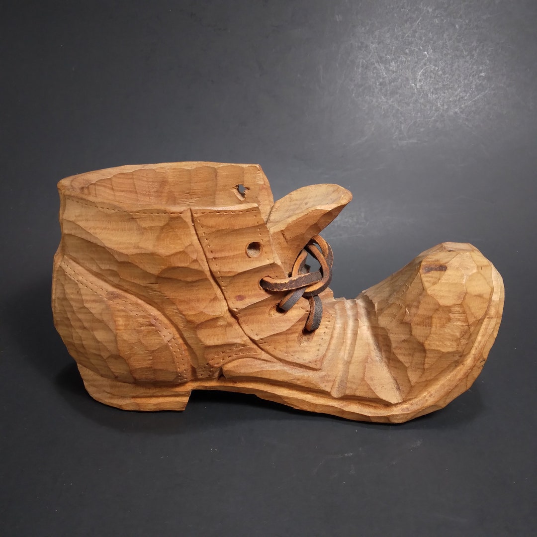 Wood Boot Figurine Wooden Work Boot With Leather Shoe Lace Folk Art ...