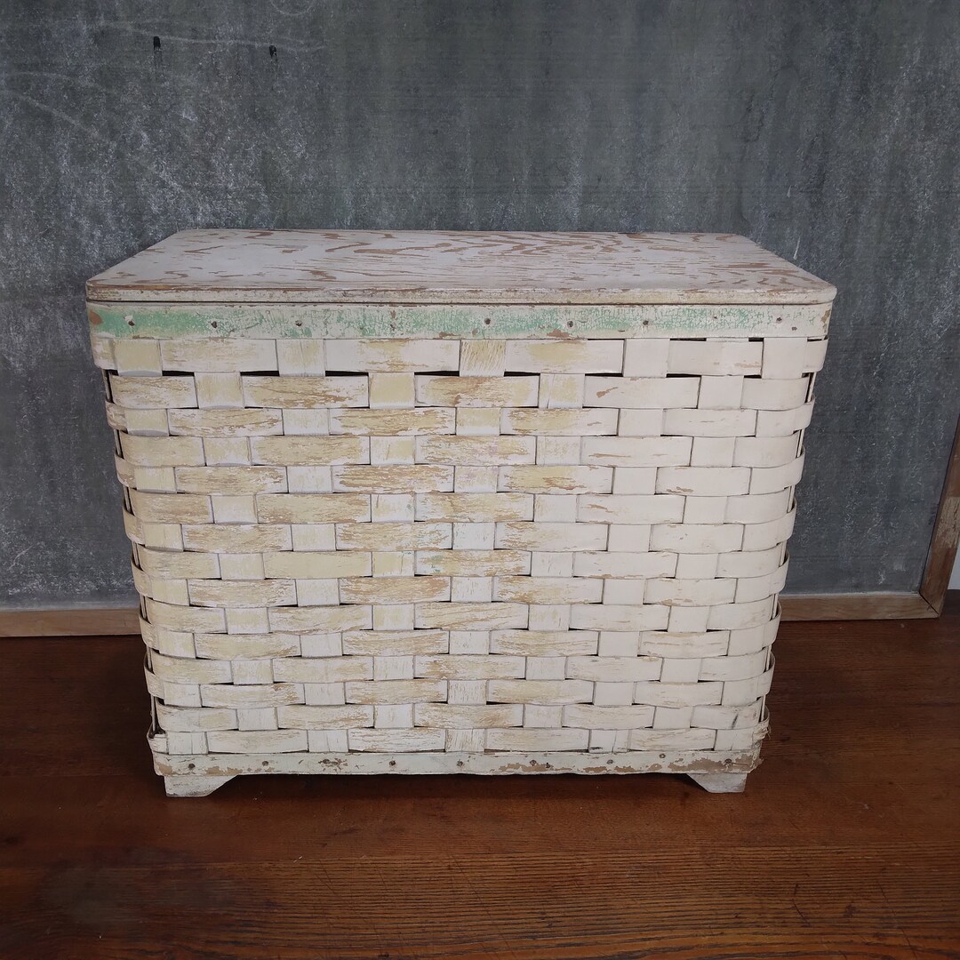 Antique White Painted Splint Wood Hinged Lid Small Hamper Basket 18" X ...