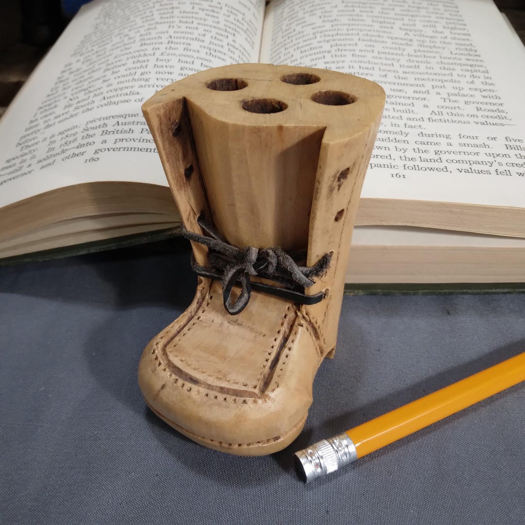Mini Hand Carved Wooden Boot Figurine, Whittled Wood Boot Pencil Holder ...