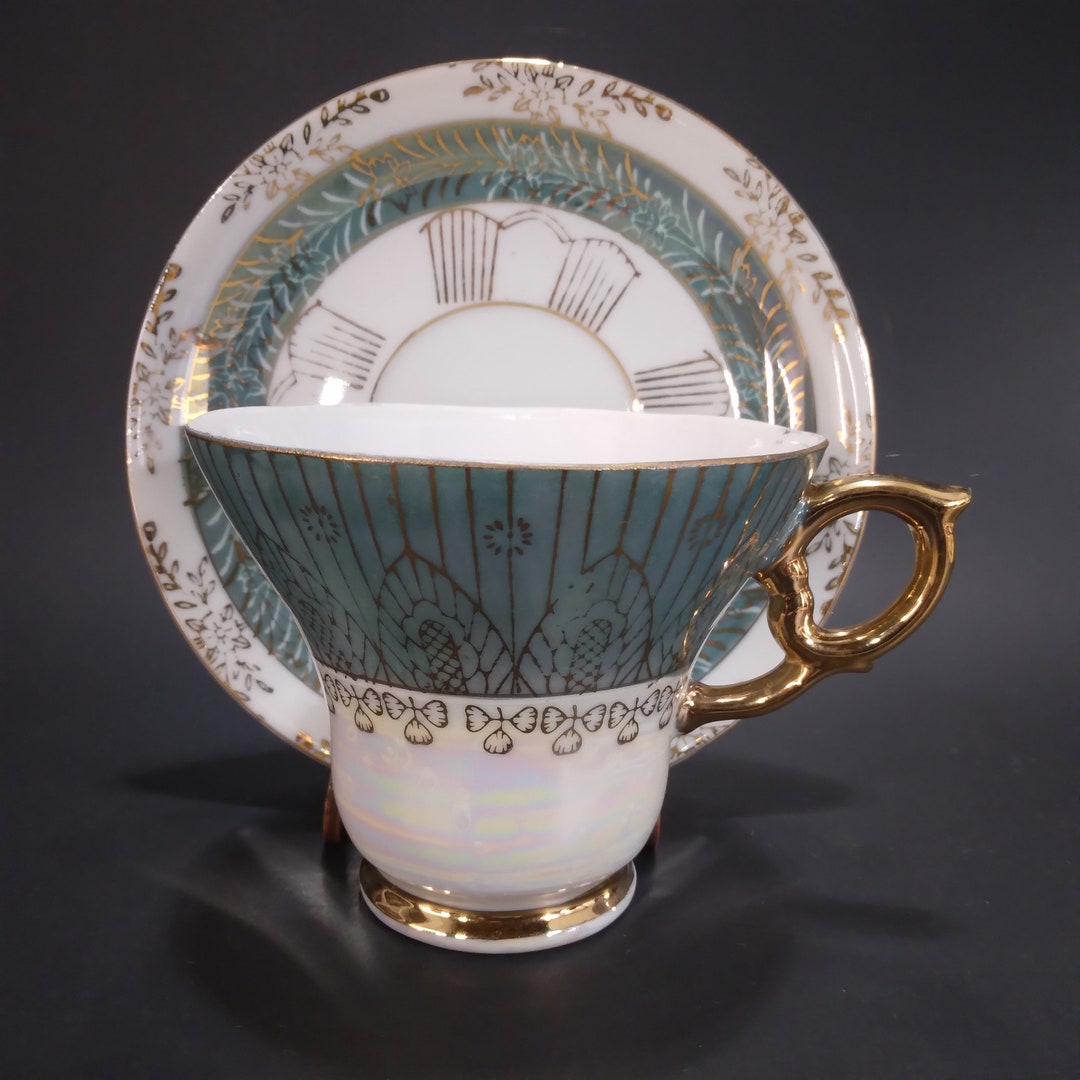 Teacup and Saucer Set Vintage Teal Blue Gold Floral Swirl Lusterware ...
