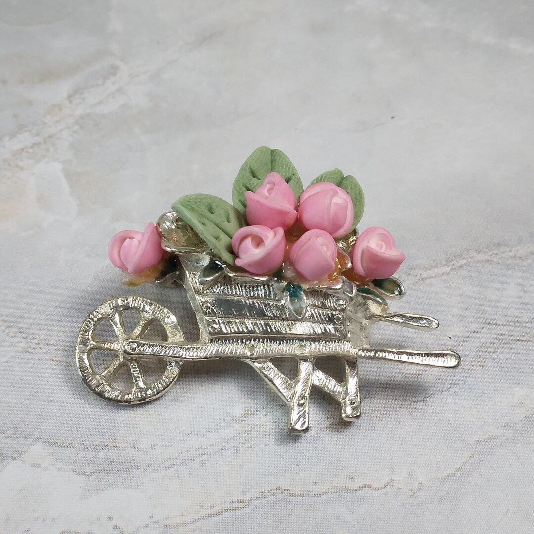 Silver Tone Wheel Barrow Full of Pink Roses Brooch Pin, Vintage Spring ...