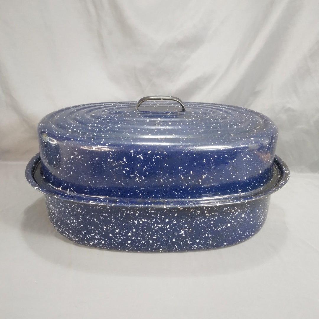Blue Speckled Granite Ware Enamelware Large Roasting Pan 18 X 12 X 8 Vintage Farmhouse Primitive ...