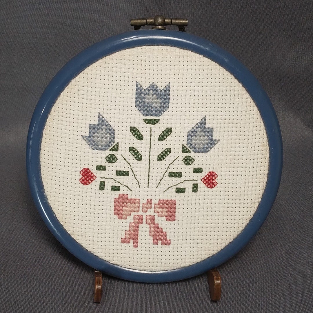 Vintage Framed Needlepoint Blue Floral Tulip Pattern W/hearts & Pink ...