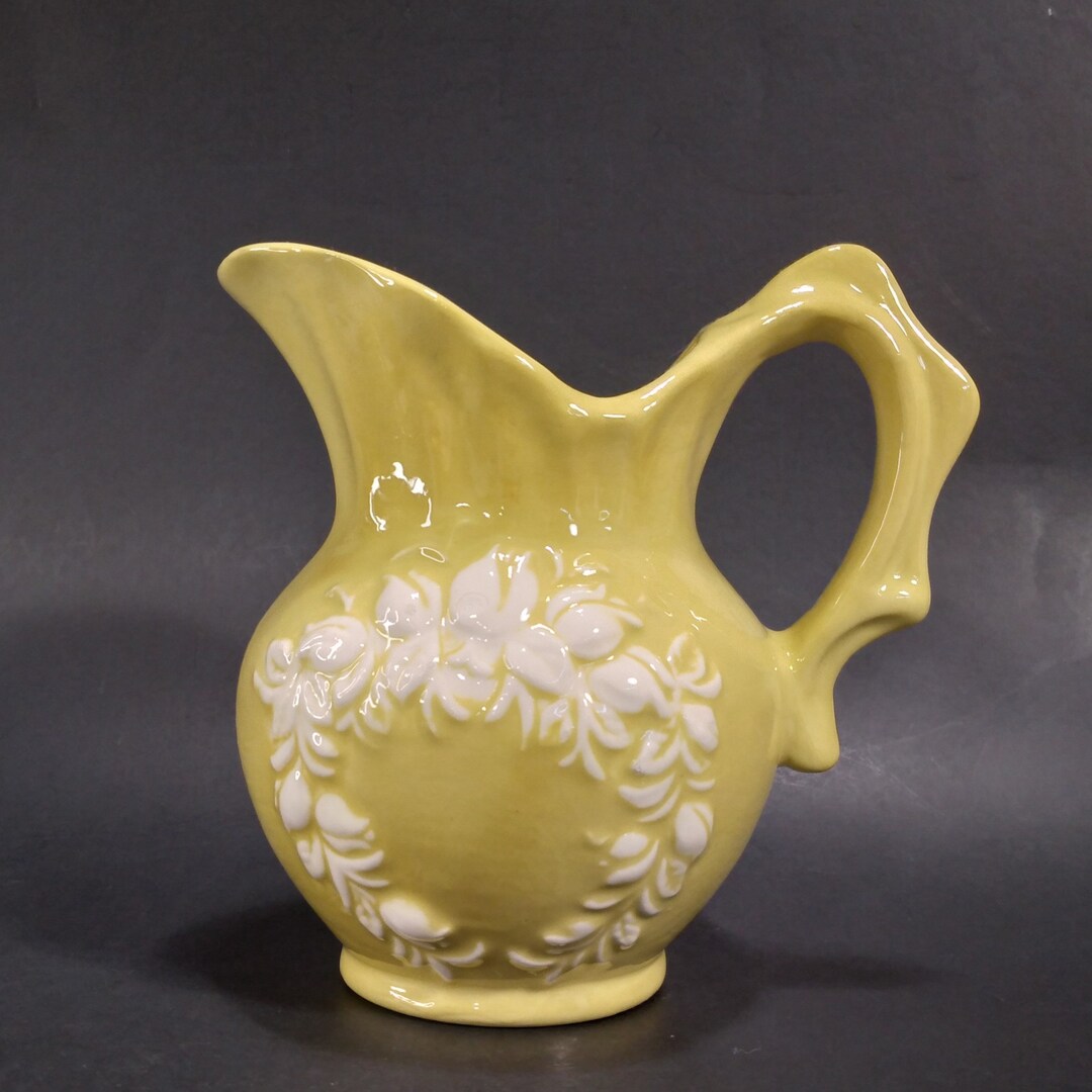 Small Decorative Pitcher Vase Yellow With White Floral Tulips Vintage ...