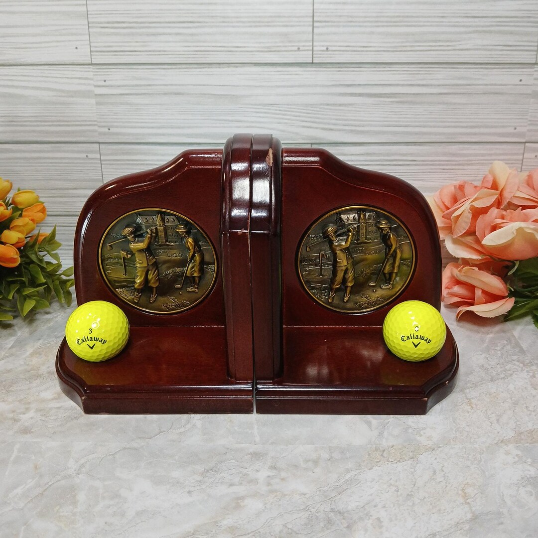 Vintage Golf Bookends, Cherry Wood With Brass/bronze Medallion - Etsy